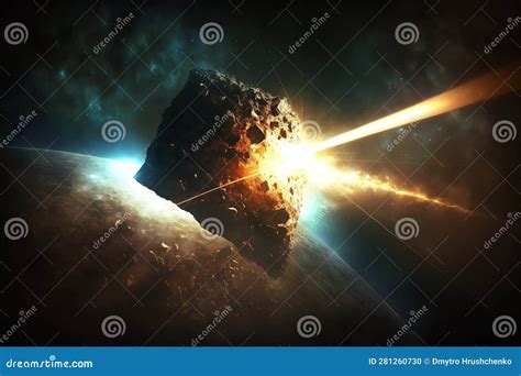 Asteroid Or Meteorite Burst With Fire Laser Explodes Big Asteroid Planet Protection System