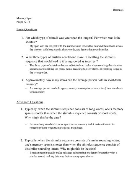 Memory Span Questions Ocampo Memory Span Pages Basic Questions For Which Type Of Stimuli