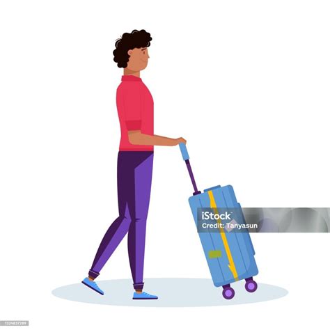 모험 관광 여행을 위해 짐을 들고있는 남자 여행 장식 디자인 가방 여행자를위한 수하물 플랫 만화 트렌디 한 벡터 가방에 대한