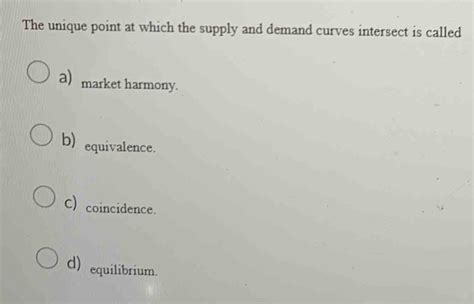 Solved The Unique Point At Which The Supply And Demand Curves Intersect Is Called Amarket