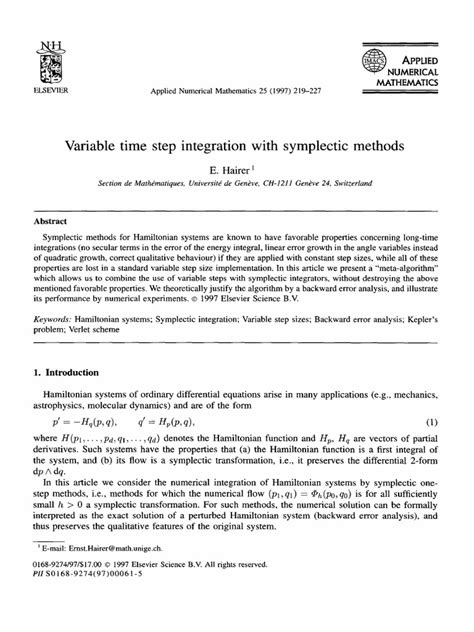 Variable Time Step Integration With Symplectic 1997 Applied Numerical Mathem Pdf Hamiltonian