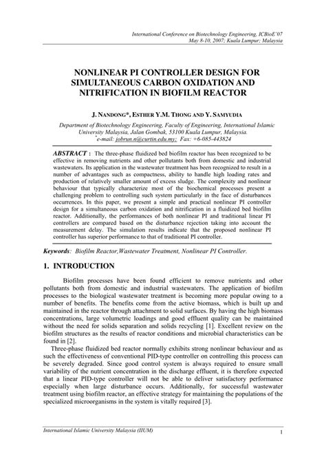 Pdf Nonlinear Pi Controller Design For Simultaneous Carbon Oxidation And Nitrification In