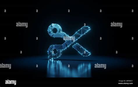 3d Rendering Wireframe Digital Techno Neon Glowing Symbol Of Scissors With Shining Dots On Black