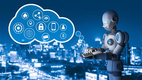 로봇 원 포인터 도시 Infographic 서식 파일에서에서 노트북 컴퓨터를 사용 하 여 미래 기술 개념 3 차원 일러스트 레이 션에에서 인공 지능 3차원 형태에 대한 스톡