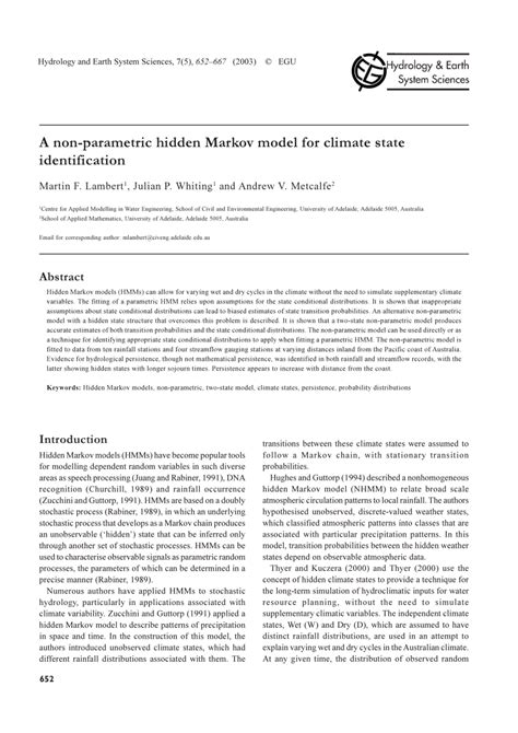 Pdf A Non Parametric Hidden Markov Model For Climate State Identification