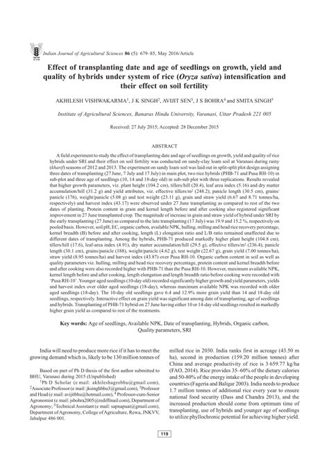 Pdf Effect Of Transplanting Date And Age Of Seedlings On Growth Yield And Quality Of Hybrids