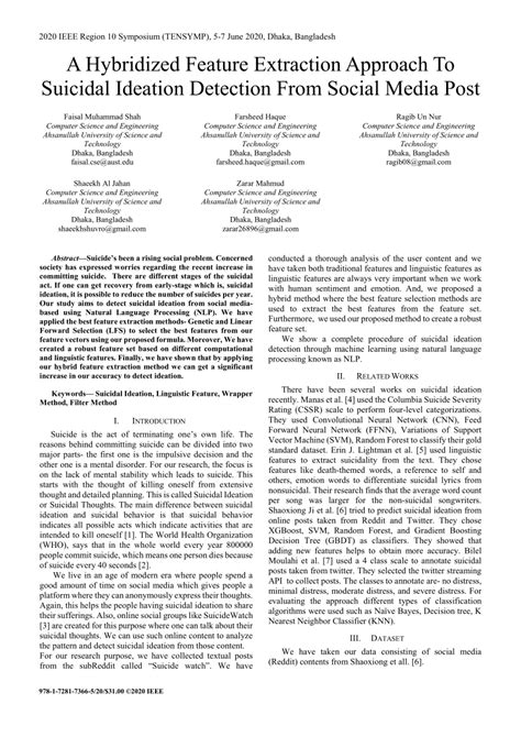 Pdf A Hybridized Feature Extraction Approach To Suicidal Ideation Detection From Social Media Post