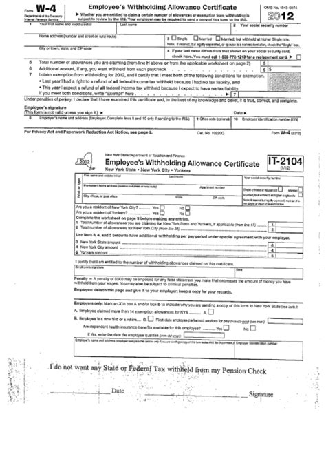 Form W 4 Employees Withholding Allowance Certificate 2012 New York State Form It 2104