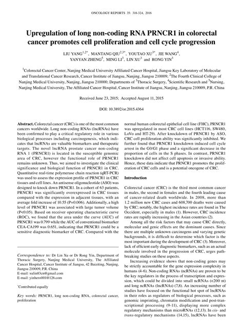 Pdf Upregulation Of Long Non Coding Rna Prncr1 In Colorectal Cancer Promotes Cell