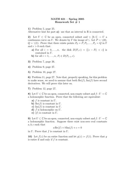 Complex Analysis Assignment Set I Math 621 Docsity