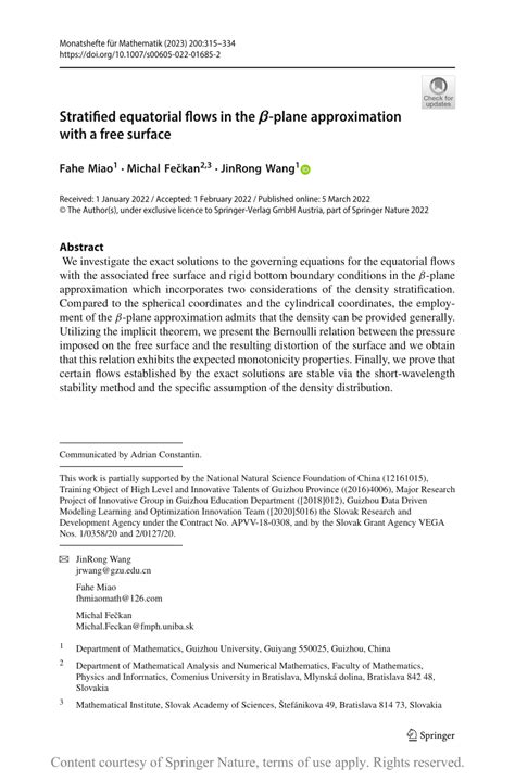 Stratified Equatorial Flows In The Beta Plane Approximation With A Free Surface Request Pdf