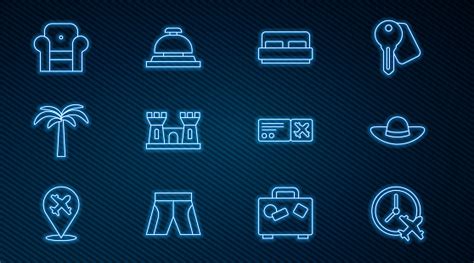 비행기 우아한 여성 모자 호텔 룸 침대 모래 성 열대 야자수 안락 의자 항공권 및 서비스 벨 아이콘세트 라인 시계 벡터 0명에 대한 스톡 벡터 아트 및 기타 이미지 Istock