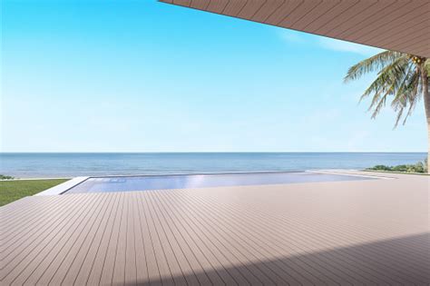 고급 목조 테라스와 바다 전망 배경에 수영장 3d 일러스트레이션 수영장 스포츠 경기장에 대한 스톡 사진 및 기타 이미지 수영장 스포츠 경기장 파티오 0명 Istock