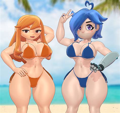 Rule 34 2girls 3d Beach Beach Background Bikini Blue Bikini Blue Hair Female Female Only