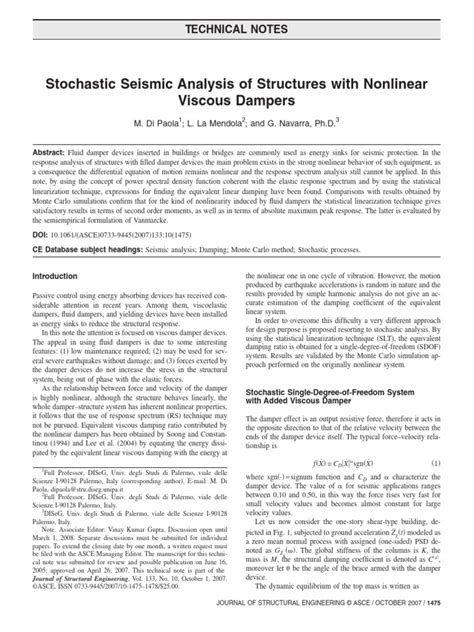Stochastic Seismic Analysis Of Structures With Nonlinear Viscous Dampers Pdf Damping