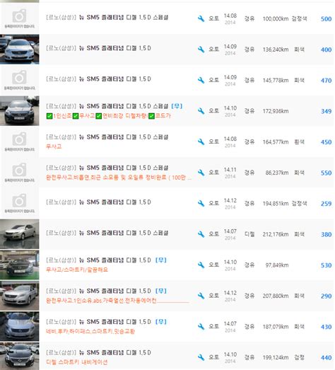 뉴sm5 플래티넘 중고차 가격 등급 별 시세표 2012~2015년식