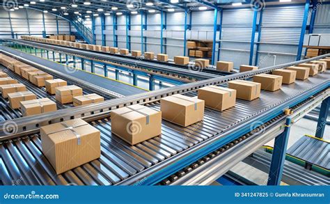 Automated Sorting System With Packages Moving Along Conveyor Belts In Warehouse Generative Ai