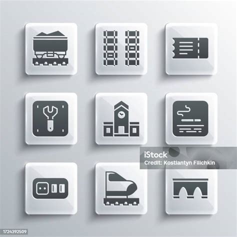 고속 열차 교량 흡연 구역 기차역 전기 콘센트 철도 수리 석탄 마차 및 기차 티켓 아이콘을 설정합니다 벡터 건설 산업에 대한 스톡 벡터 아트 및 기타 이미지 Istock