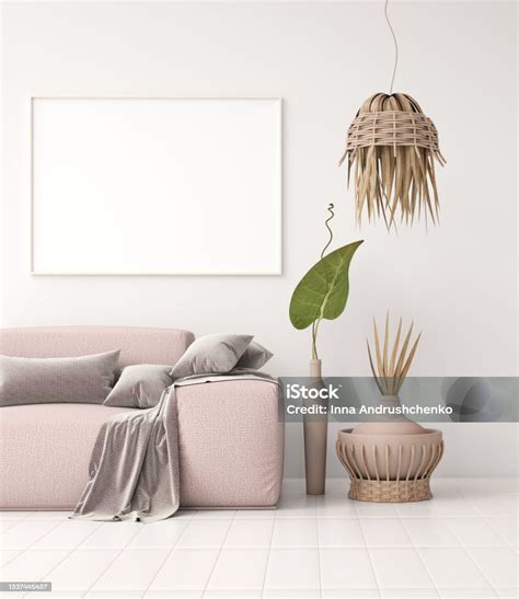 소파 열대 인테리어 벽에 포스터 프레임을 모의 3d 렌더링현대 거실의 인테리어 디자인 세로 구도에 대한 스톡 사진 및 기타