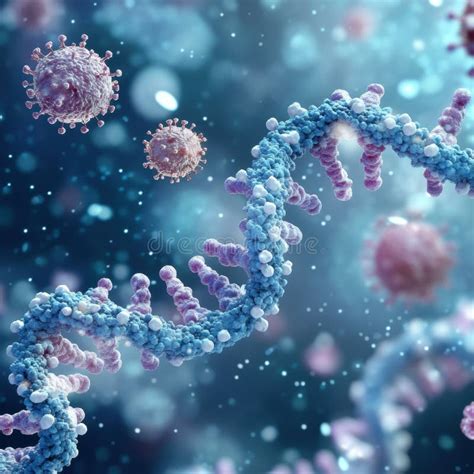 Close Up View Of A Molecular Rna Chain Surrounded By Various Viruses In