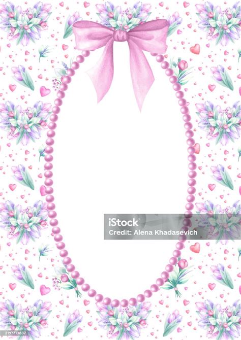 분홍색과 라일락 튤립 활 및 목걸이의 꽃다발이 있는 세로 엽서 템플릿입니다 손으로 그리기 수채화 절연 그림 어머니와 여성의 날 디자인 인사말 카드에 대 한 텍스트에 대 한