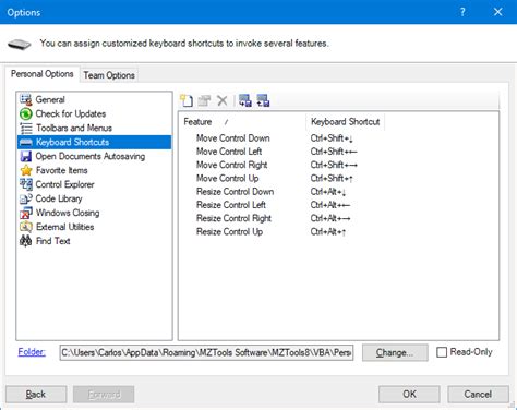 keyboard shortcuts to move resize controls