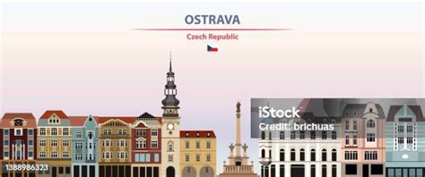 국가 및 도시 이름과 체코 국기와 일몰 하늘 배경 벡터 일러스트에 오스트라바 도시 풍경 0명에 대한 스톡 벡터 아트 및 기타 이미지 0명 거리 건물 외관 Istock