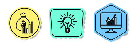 세트 라인 머니 백 과 다이어그램 그래프 광선 광택과 아이디어의 개념과 그래프 차트와 컴퓨터 모니터와 전구를 설정합니다 컬러