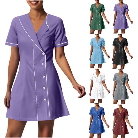 Horkkom Scrubs For Women Splicing Lapel Nursing Scrub Dresses Stretchy Scrub Work Midi Dress