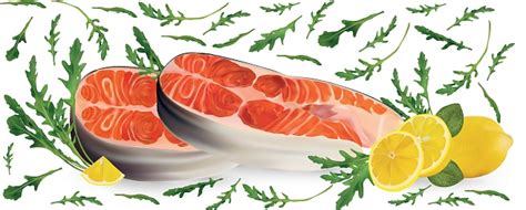 녹색 루콜라와 레몬 연어 생선 원시 스테이크 붉은 물고기 진미 필레 신선한 연어의 스테이크 샐러드와 해산물 흰색 배경에 격리된 3d 벡터 그림입니다 건강한 식생활에 대한