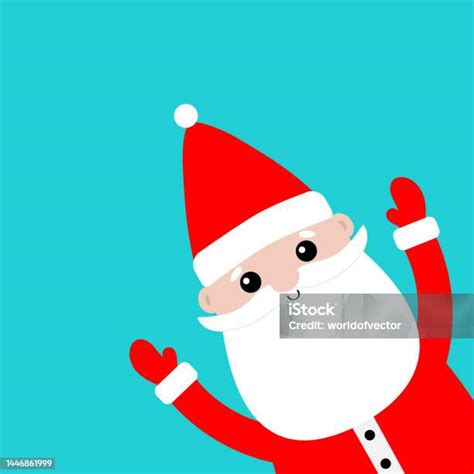 산타 클로스가 손을 들고 있습니다 모퉁이에서 엿보기 즐거운 성탄절 빨간 모자 의상 둥근 수염 귀여운 만화 카와이 재미있는 캐릭터 새해 아기 컬렉션입니다 인사말 카드 파란색