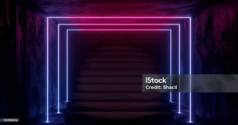 3d 렌더링 추상 네온 배경 핑크 블루 빛나는 빛 어두운 방에서 계단 나이트클럽에 대한 스톡 사진 및 기타 이미지 나이트클럽 계단 레이저 Istock
