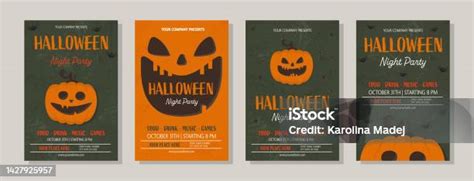 소름 끼치는 호박과 함께 할로윈 나이트 파티 초대장 포스터 세트 벡터 일러스트 레이 션 10월에 대한 스톡 벡터 아트 및 기타 이미지 10월 가을 개념 Istock