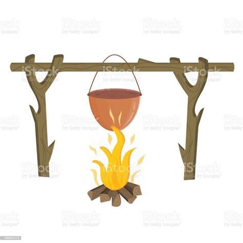 나무 막대기에 냄비가 있는 불은 흰색 배경에 고립되어 있습니다 캠핑 및 야외 식사를위한 항목 플랫 만화 스타일의 벡터 일러스트레이션 가마솥에 대한 스톡 벡터 아트 및 기타