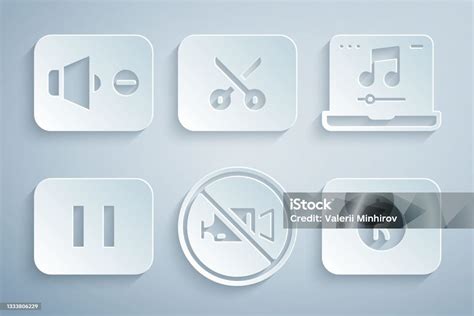 금지 비디오 녹화 음악 일시 정지 버튼 레코드 음악 편집 및 스피커 음소거 아이콘이있는 노트북을 설정합니다 벡터 3차원 형태에 대한 스톡 벡터 아트 및 기타 이미지 Istock