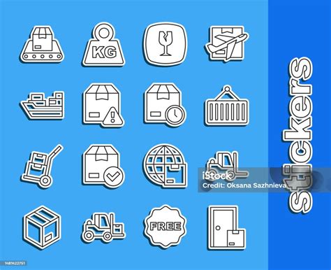 세트 라인 택배 서비스 지게차 크레인의 컨테이너 깨지기 쉬운 깨진 유리 방패가 있는 배송 보안 화물선 상자 컨베이어 벨트 및 판지 시계 아이콘 벡터 교통에 대한 스톡 벡터