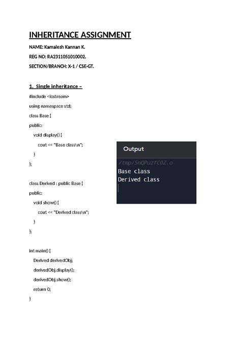 Inheritance Assignment Inheritance Assignment Name Kamalesh Kannan K