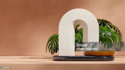 몬스테라 나뭇잎과 세라믹 아치 3d 렌더링 이미지 빈 장면 나무와 대리석 연단 풍경 0명에 대한 스톡 사진 및 기타 이미지 0명 3차원 형태 갈색 Istock