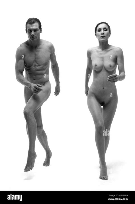 Nude Man And Woman Running Front View B W Stock Photo Alamy