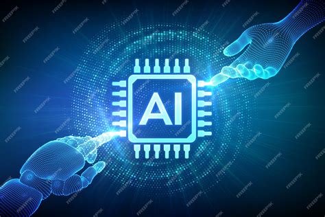 인공지능 Ai 로의 손과 인간의 손이 만지는 인공 지능 아이콘 프리미엄 벡터