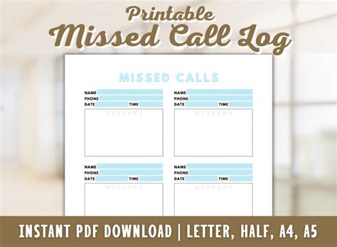 Missed Call Log Printable Boutique Printables