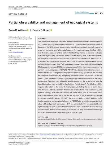 Pdf Partial Observability And Management Of Ecological Systems