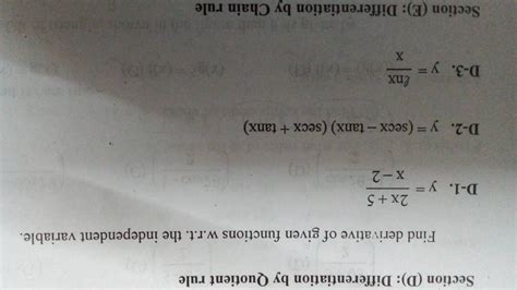Section D Differentiation By Quotient RuleFind Derivative Of Given Fu