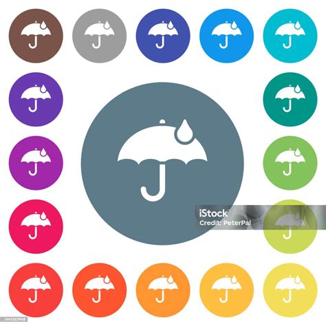 둥근 색 배경에 단일 빗방울 단색 평면 흰색 아이콘이 있는 우산 0명에 대한 스톡 벡터 아트 및 기타 이미지 0명 계절