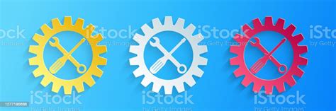 종이 절단 유지 보수 기호 파란색 배경에 격리 드라이버 스패너 및 톱니 바퀴 아이콘 서비스 도구 기호입니다 아이콘 을 설정합니다 종이 아트 스타일 벡터 3차원 형태에 대한