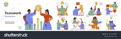 Teamwork Concept Character Situations Collection Bundle Stock Vector