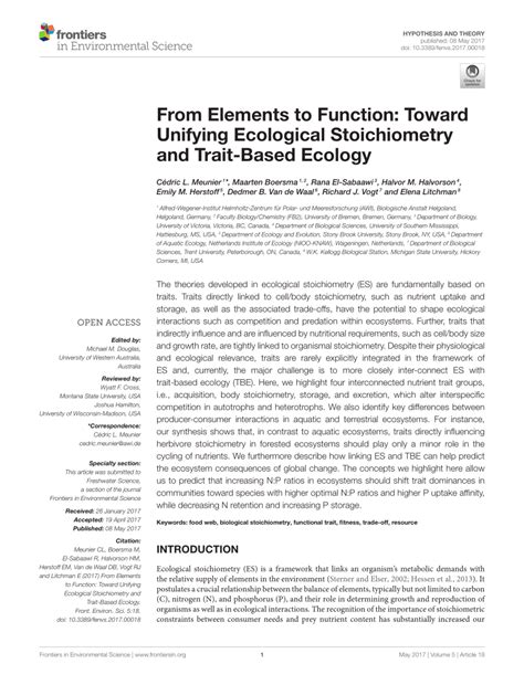 Pdf From Elements To Function Toward Unifying Ecological Stoichiometry And Trait Based Ecology