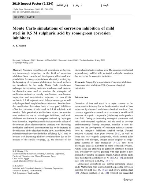 Pdf Monte Carlo Simulations Of Corrosion Inhibition Of Mild Steel In