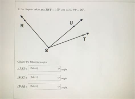 Solved In The Diagram Below M∠ Rst 100° And M∠ Ust 20° Classify The Following Angles ∠ Rst Is