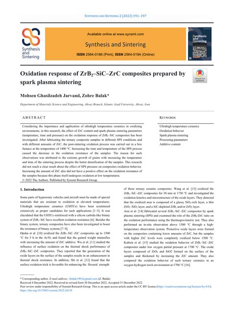 Pdf Oxidation Response Of Zrb2siczrc Composites Prepared By Spark